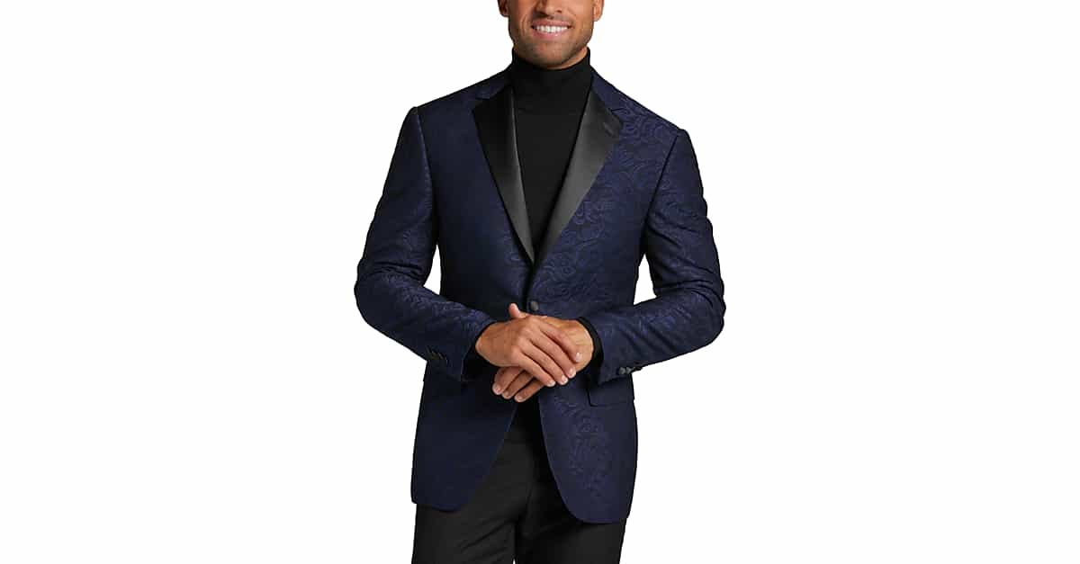 Egara Dinner Slim Fit Satin Notch Lapel Jacket Blue Jacquard Mens