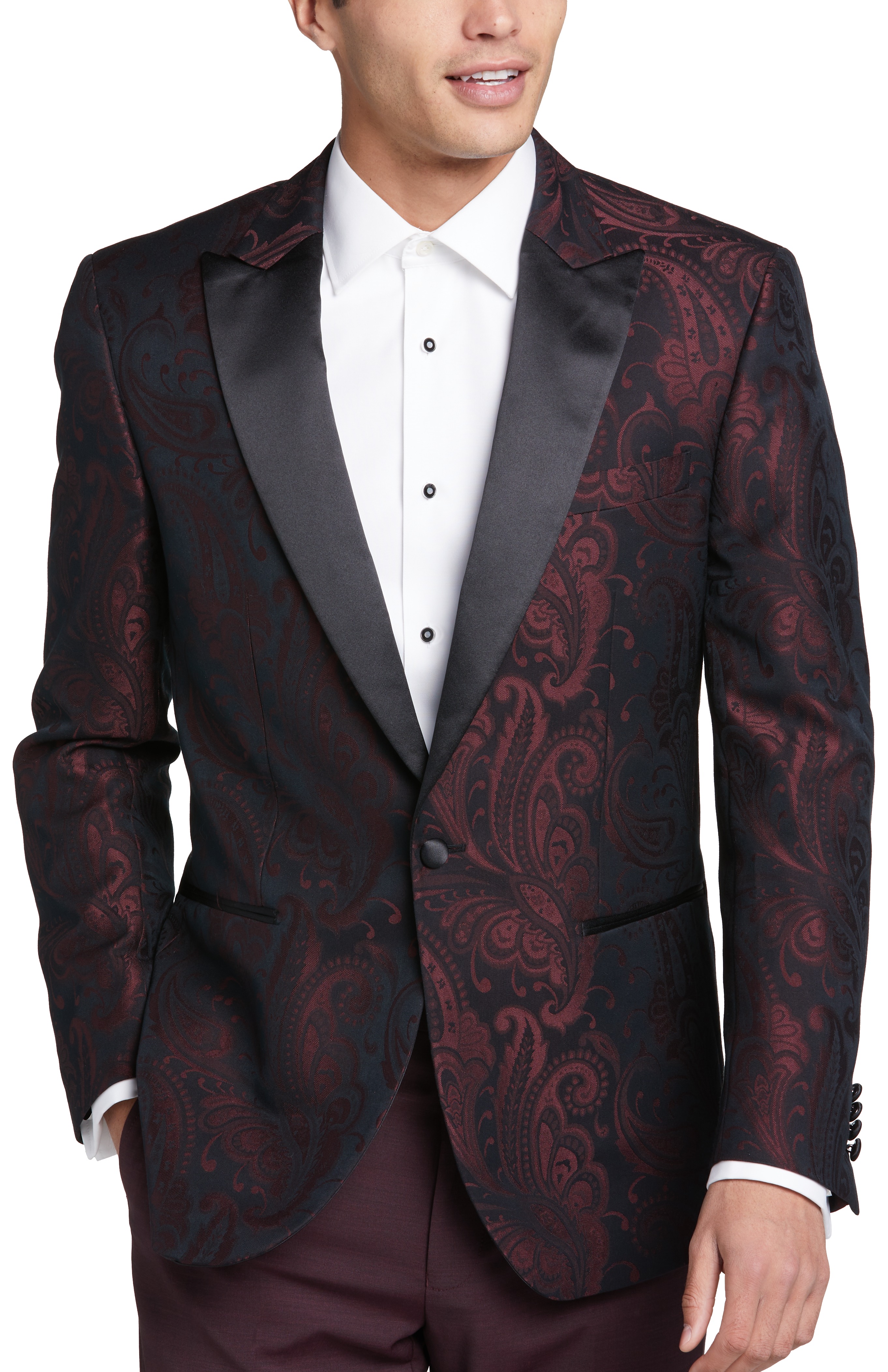 Egara Slim Fit Peak Lapel Dinner Jacket, Burgundy Jacquard - Men's Sale ...