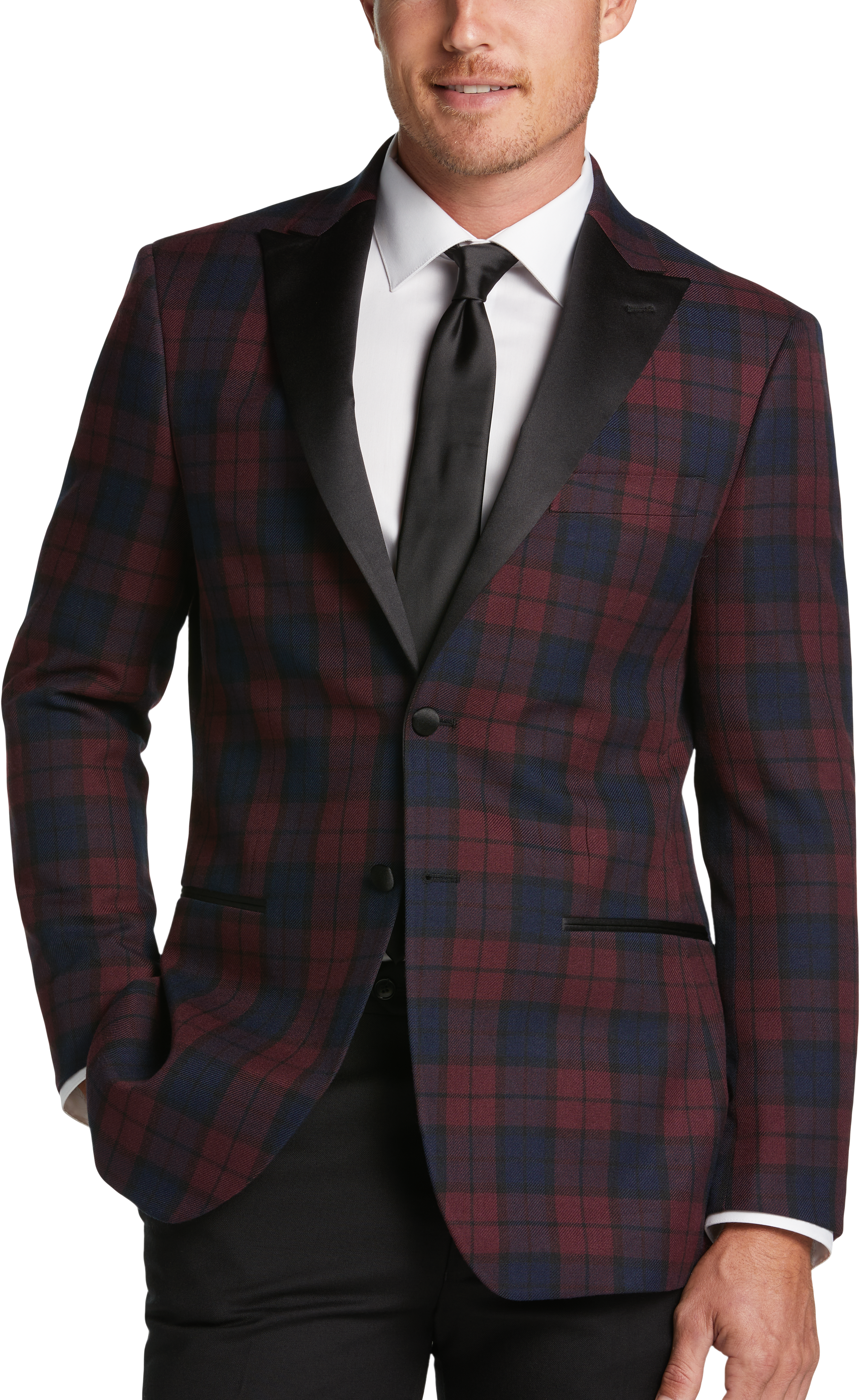 After Hours Slim Fit Satin Peak Lapel Dinner Jacket, Red Tartan Plaid ...