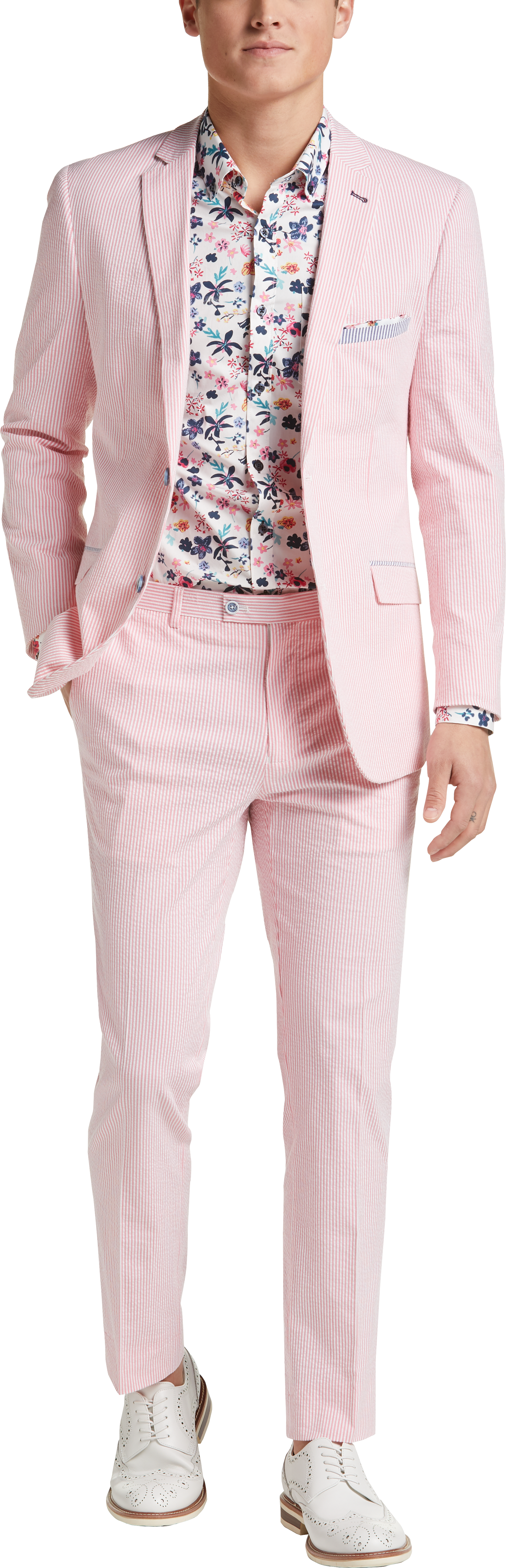 Paisley And Gray Slim Fit Suit Separates Jacket Pink Seersucker Mens