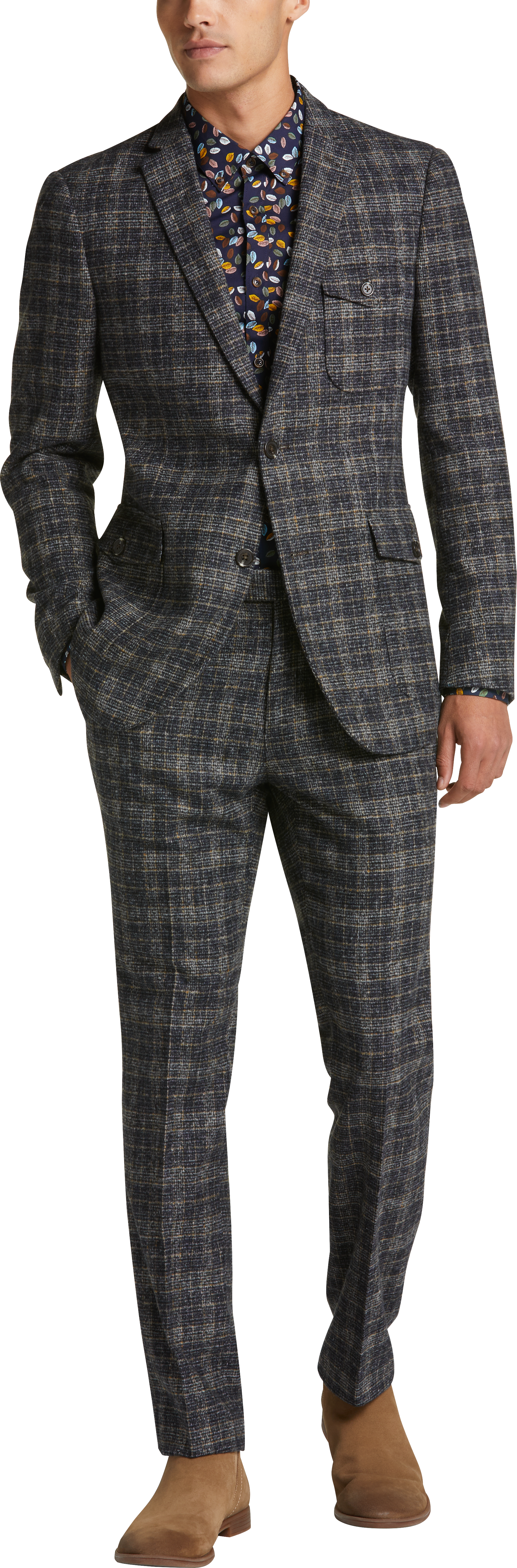 Paisley And Gray Slim Fit Suit Separates Coat Navy And Olive Plaid Melange