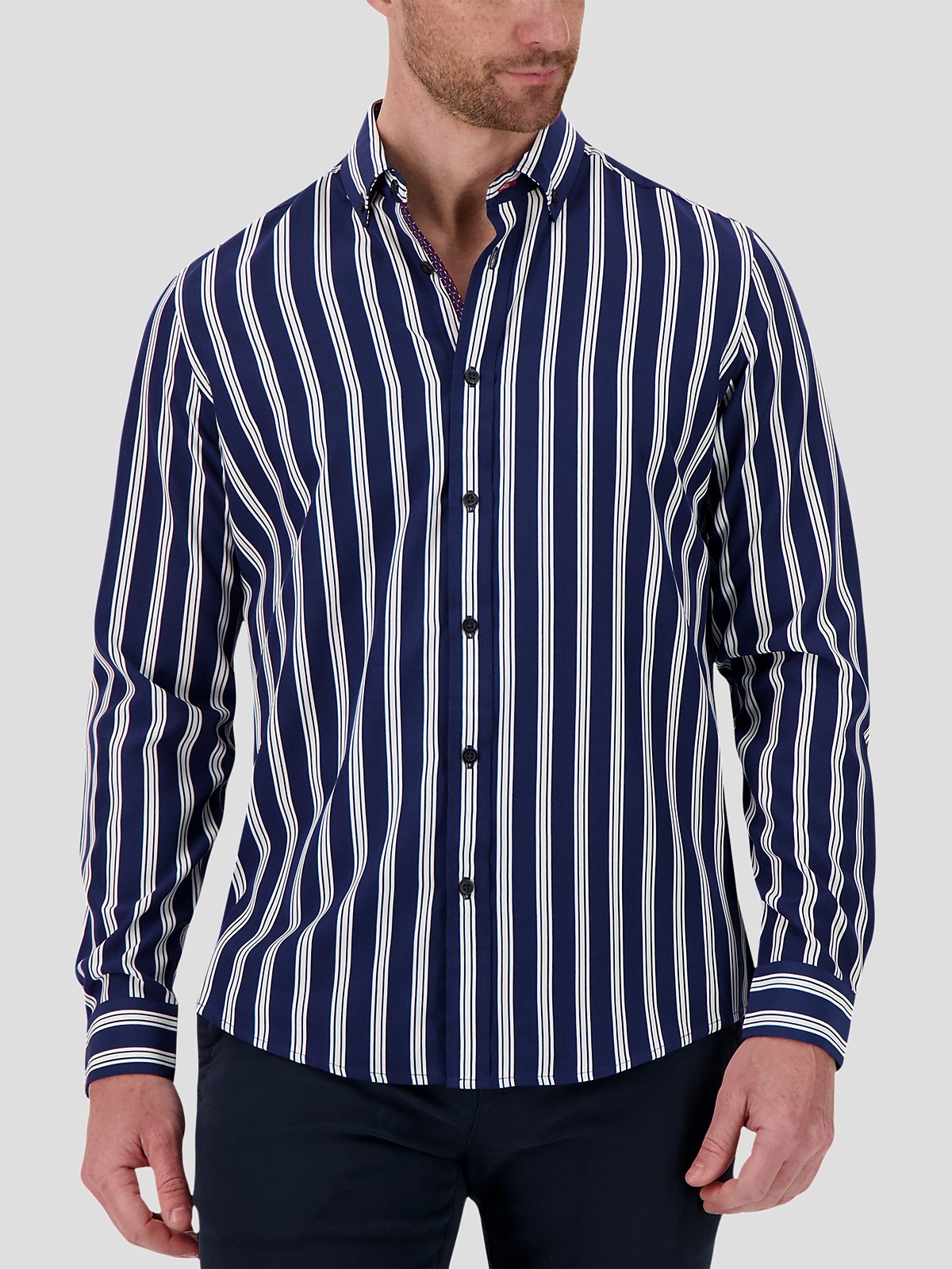 Report Collection Performance 4 Way Stretch Panel Stripe Casual Button