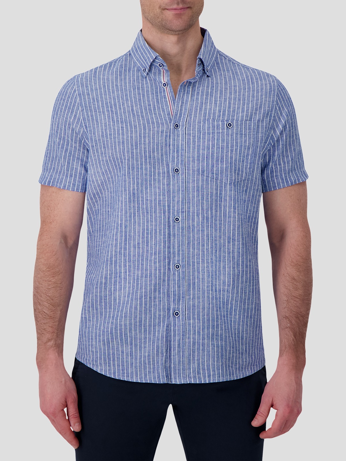 Report Collection Short Sleeve Thin Stripe Casual Button Up Shirt